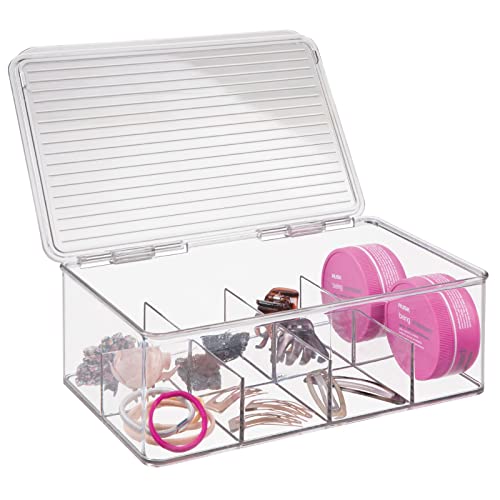 mDesign Plastic First Aid Kit Storage Box with Clear Top Lid for Bathroom, Kitchen, Cabinet, Closet, Drawer - Organizes Medicine, Ointments, Adhesive Bandages, Dental, 8 Divided Sections - Clear