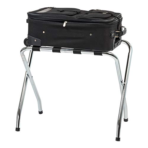 IRIS USA Chrome Steel Foldable Suitcase Luggage Rack, Regular, Silver & IRIS USA FLRB-1 Chrome Steel Foldable Suitcase Luggage Rack, with Support Bar, Silver