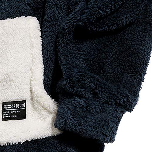ZAFUL Color Blocking Fuzzy Hoodie Unisex Men Sherpa Pullover Loose Fluffy Sweatshirt Cadetblue-a XL