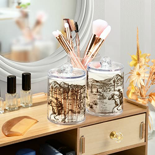 Blueangle 2 Pack Western Desert Cowboy Qtip Holder Dispenser for Cotton Ball, Cotton Swab - Plastic Apothecary Jar Set for Bathroom Canister Storage Organization(659)