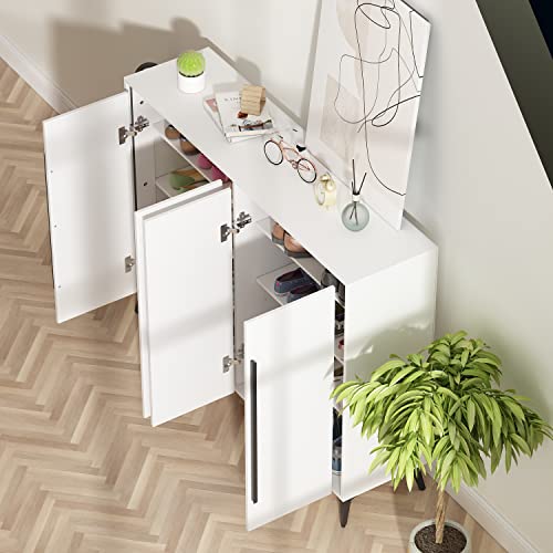 ECACAD Multi-Tier Shoe Storage Cabinet with Adjustable Shelves & 4 Doors, Wood Shoe Rack Organizer with Metal Legs for Entryway, Bedroom, Hallway, White (55.1”W x 13.8”D x 37.4”H)