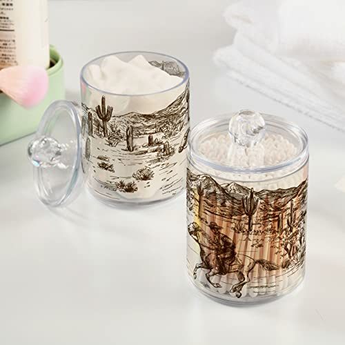 Blueangle 2 Pack Western Desert Cowboy Qtip Holder Dispenser for Cotton Ball, Cotton Swab - Plastic Apothecary Jar Set for Bathroom Canister Storage Organization(659)