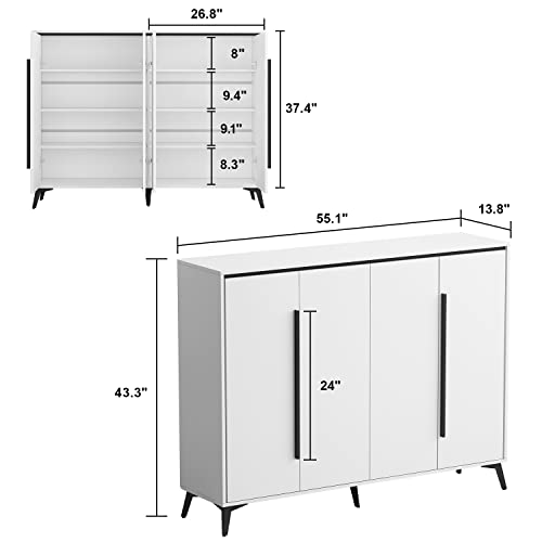 ECACAD Multi-Tier Shoe Storage Cabinet with Adjustable Shelves & 4 Doors, Wood Shoe Rack Organizer with Metal Legs for Entryway, Bedroom, Hallway, White (55.1”W x 13.8”D x 37.4”H)
