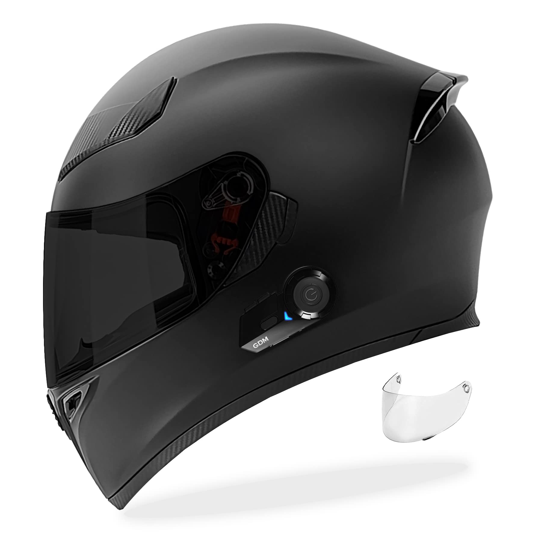 GDM Motorcycle Helmet with Bluetooth Headset - Medium (Matte Black, with Clear & Tinted Shields)