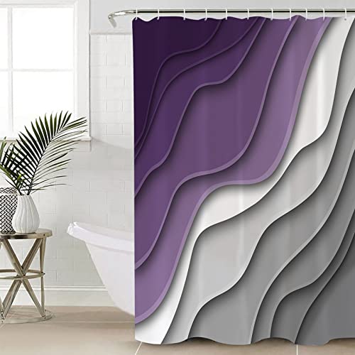 Comforance Purple Gray Modern Geometric Shower Curtain Set with Rugs and Hooks for Bathroom, 4PC Waterproof Fabric Bath Shower Curtain and Non-Slip Bathroom Mats, Abstract Gradient Art