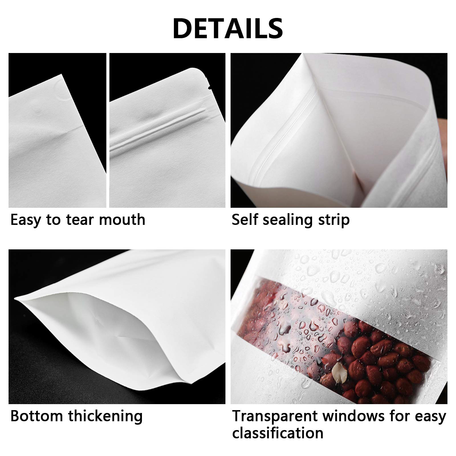 FireKylin 100 Pcs Resealable Bags,4.7" x 7.9" Stand Up White Kraft Paper Bags with Matte Window, Zip Lock Food Storage Bags for Packaging Products, Reusable, Sealable