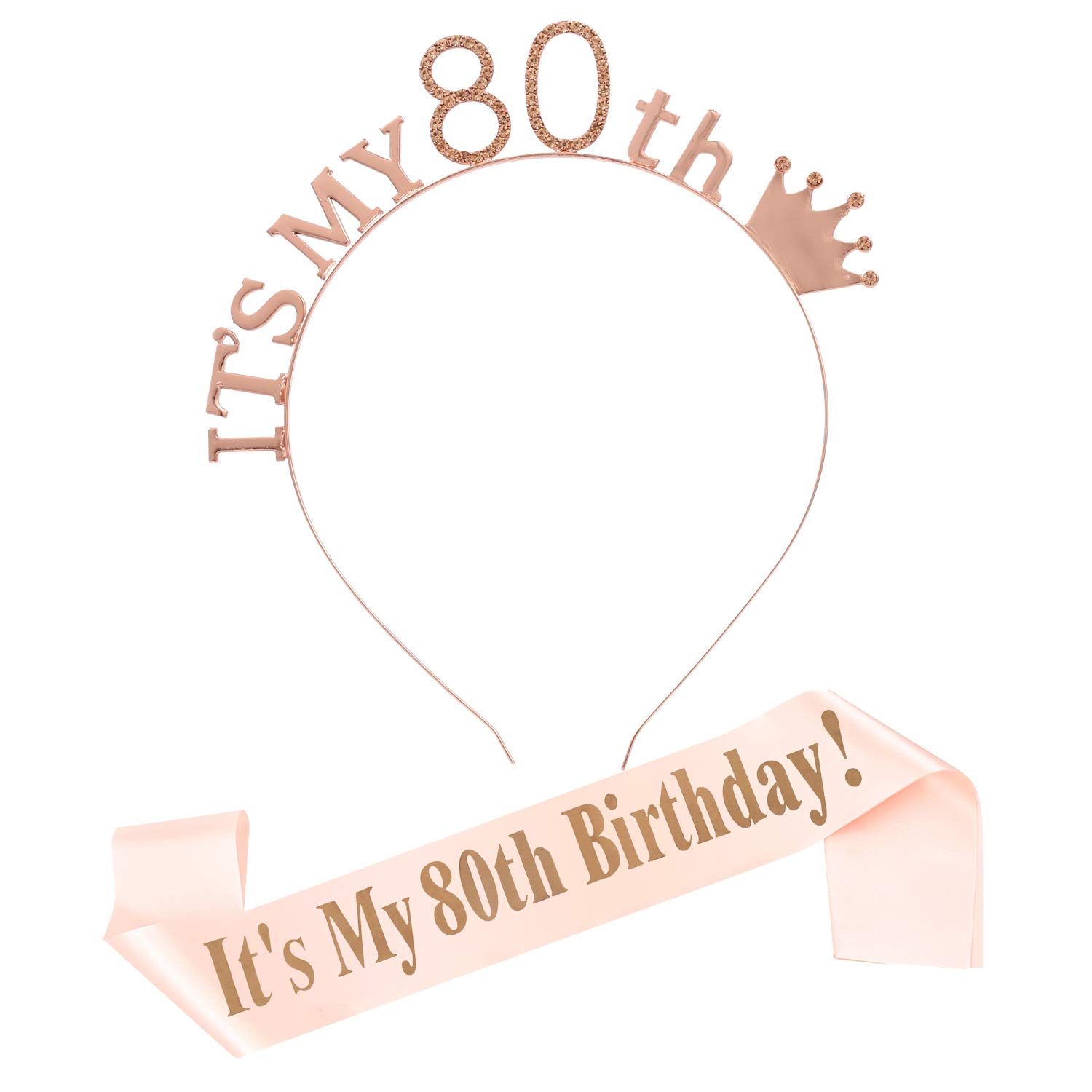 80th Birthday Tiara and Sash for Women, Crystal Headpiece Birthday Crown Party Supplies, Women's Birthday Gifts(Rose Gold)