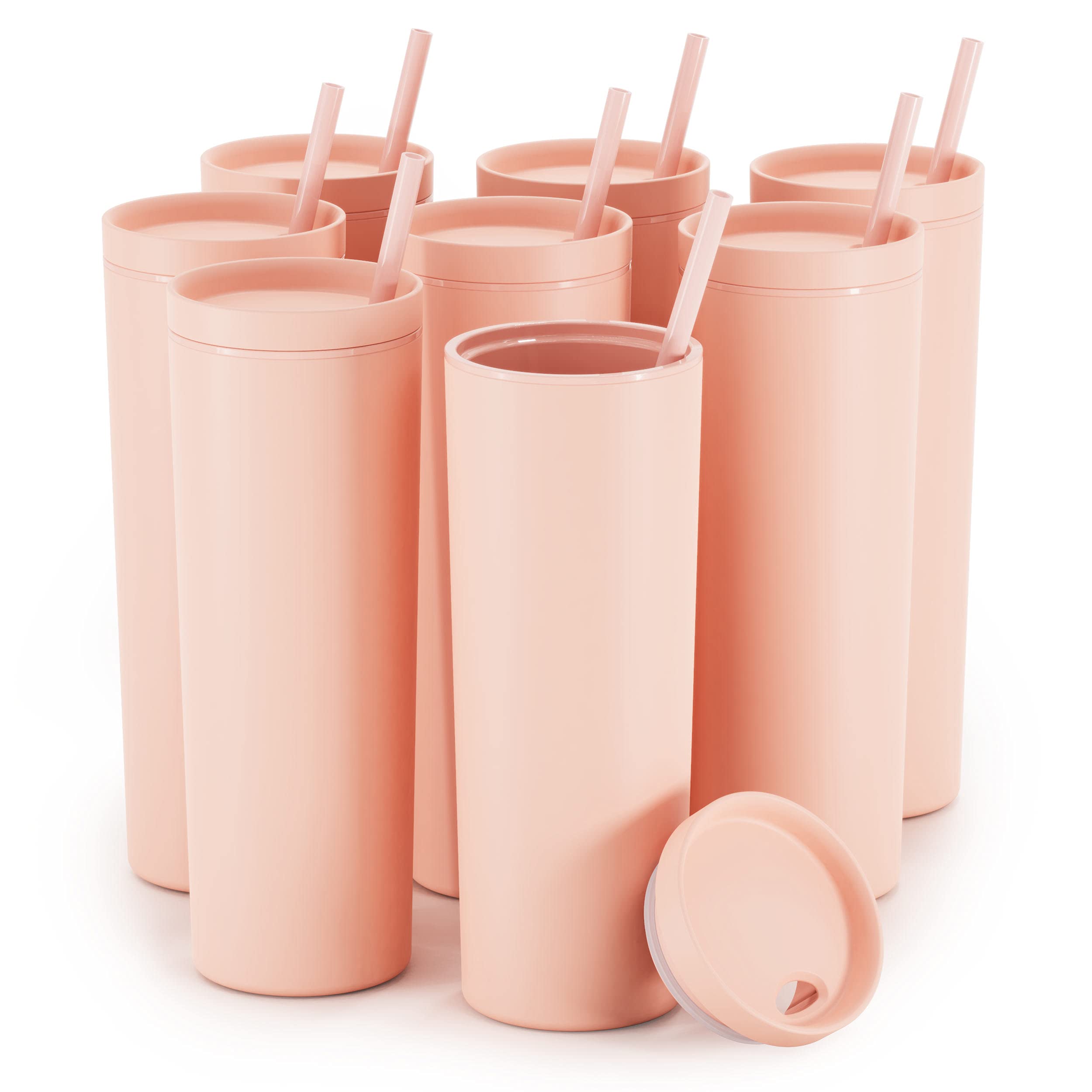 Maars Skinny Acrylic Tumbler with Lid and Straw | 18oz Premium Insulated Double Wall Plastic Reusable Cups - Matte Blush, 8 Pack