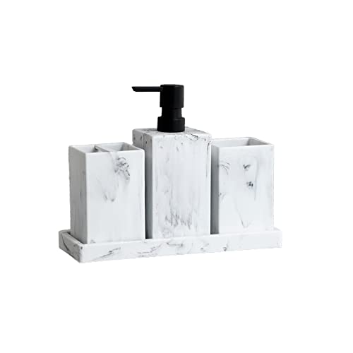 ZHANWANGJIAJU Bathroom Accessory Set Complete Vanity Top Decoration Set Marble Pattern Lotion Dispensing Soap Dispenser, Toothbrush Holder, Soap Pump, Tray (White)