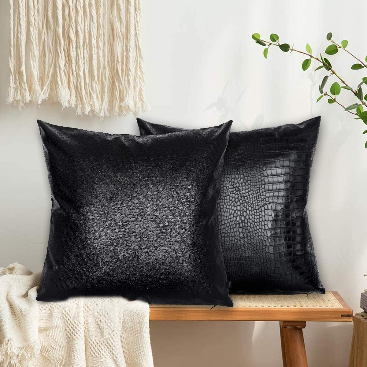 HDDahua Black Ostrich Skin Faux Leather Throw Pillow Covers, Modern Faux Leather Couch Lumbar Cushion Covers for Couch Bed Sofa 20x 20 Inches