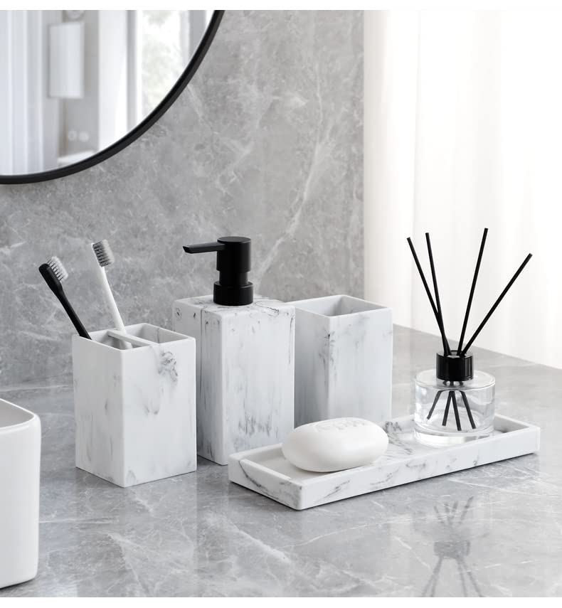 ZHANWANGJIAJU Bathroom Accessory Set Complete Vanity Top Decoration Set Marble Pattern Lotion Dispensing Soap Dispenser, Toothbrush Holder, Soap Pump, Tray (White)