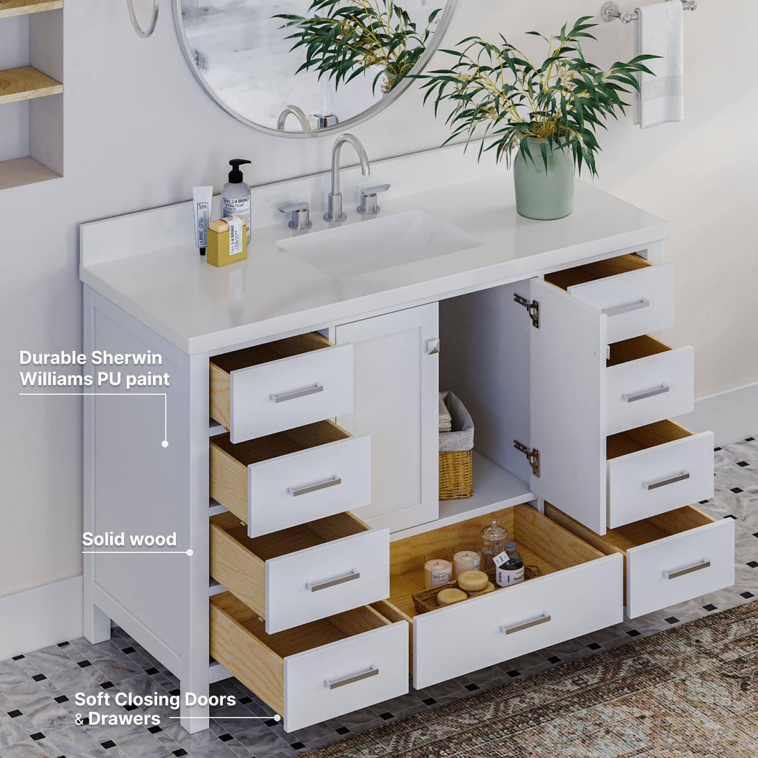 ARIEL Cambridge 55" White Bathroom Vanity with Sink, 1.5" Edge Pure White Quartz Countertop & Backsplash, Center Rectangular Sink, 2 Soft Closing Doors, 9 Full Extension Dovetail Drawers
