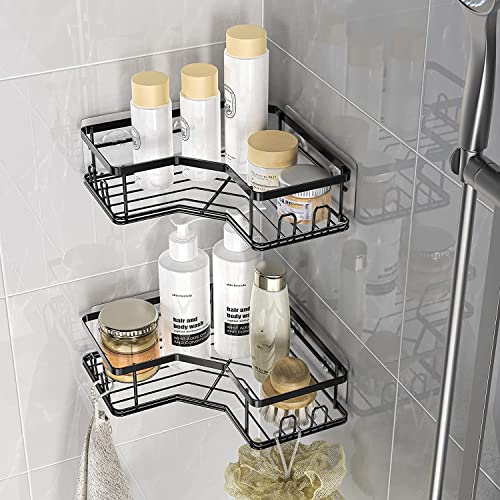 ELYJHYY 2 Pack Wall-Mounted Shower Caddy Corner with Hooks Adhesive Corner Shower Shelf for Inside Shower Basket Rack Storage Stainless Steel Shower Shelf for Bathroom Dorm and Kitchen (Black)