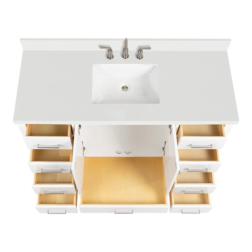 ARIEL Cambridge 55" White Bathroom Vanity with Sink, 1.5" Edge Pure White Quartz Countertop & Backsplash, Center Rectangular Sink, 2 Soft Closing Doors, 9 Full Extension Dovetail Drawers