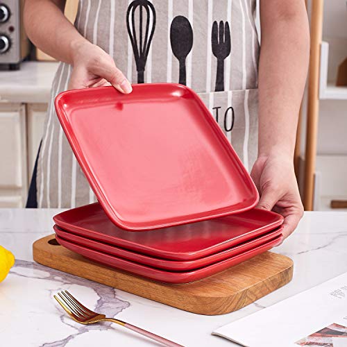 Bruntmor 8 inch Ceramic Dinner Plates- Set of 4, Porcelain Pasta Salad Plate Set For Kitchen, Dinnerware Dish Set, Dishwasher & Microwave Safe - Red