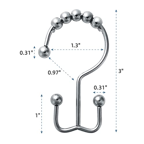 Titanker Shower Curtain Hooks Rings, Rust-Resistant Metal Double Glide Shower Hooks for Bathroom Shower Rods Curtains, Set of 12 Hooks - Chrome