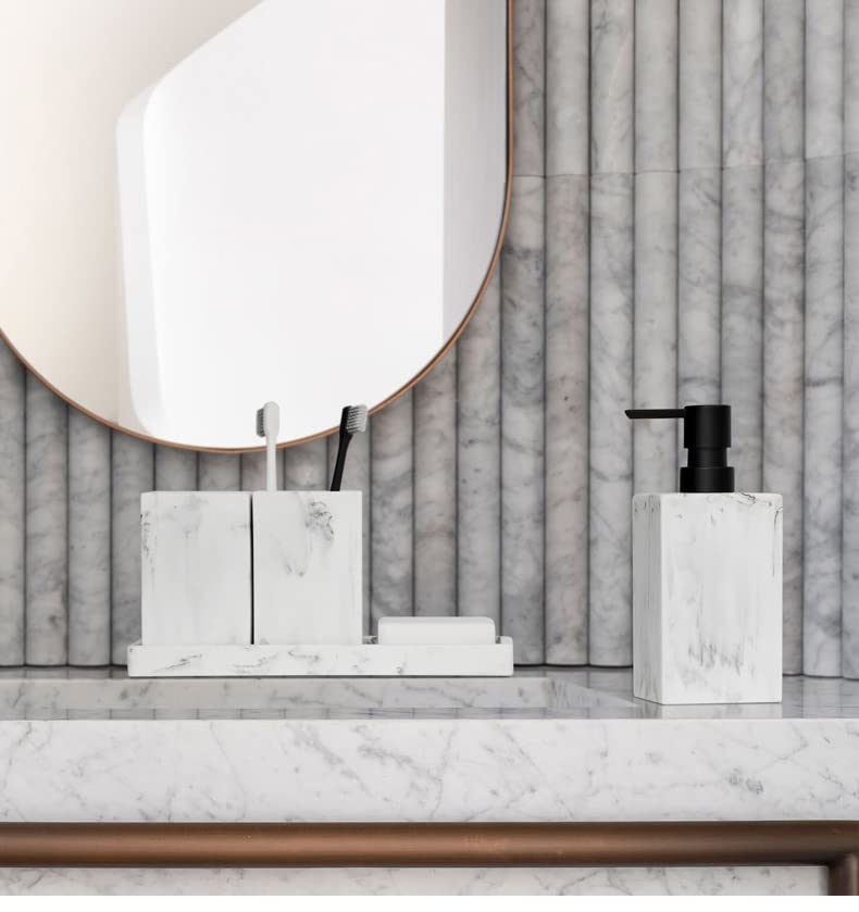 ZHANWANGJIAJU Bathroom Accessory Set Complete Vanity Top Decoration Set Marble Pattern Lotion Dispensing Soap Dispenser, Toothbrush Holder, Soap Pump, Tray (White)