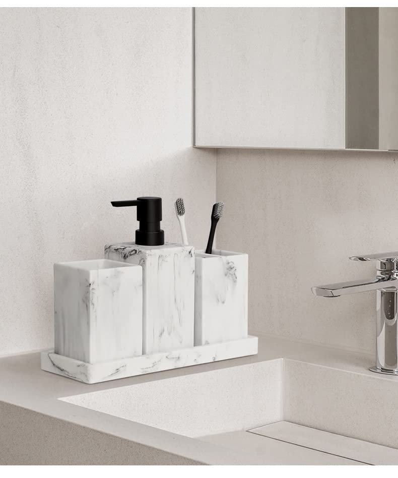 ZHANWANGJIAJU Bathroom Accessory Set Complete Vanity Top Decoration Set Marble Pattern Lotion Dispensing Soap Dispenser, Toothbrush Holder, Soap Pump, Tray (White)