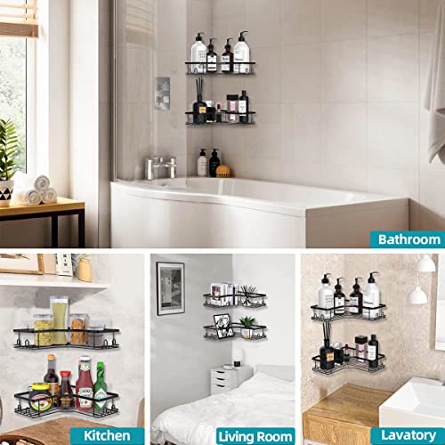 ELYJHYY 2 Pack Wall-Mounted Shower Caddy Corner with Hooks Adhesive Corner Shower Shelf for Inside Shower Basket Rack Storage Stainless Steel Shower Shelf for Bathroom Dorm and Kitchen (Black)