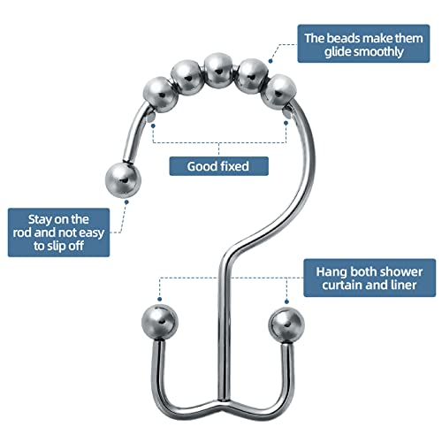Titanker Shower Curtain Hooks Rings, Rust-Resistant Metal Double Glide Shower Hooks for Bathroom Shower Rods Curtains, Set of 12 Hooks - Chrome