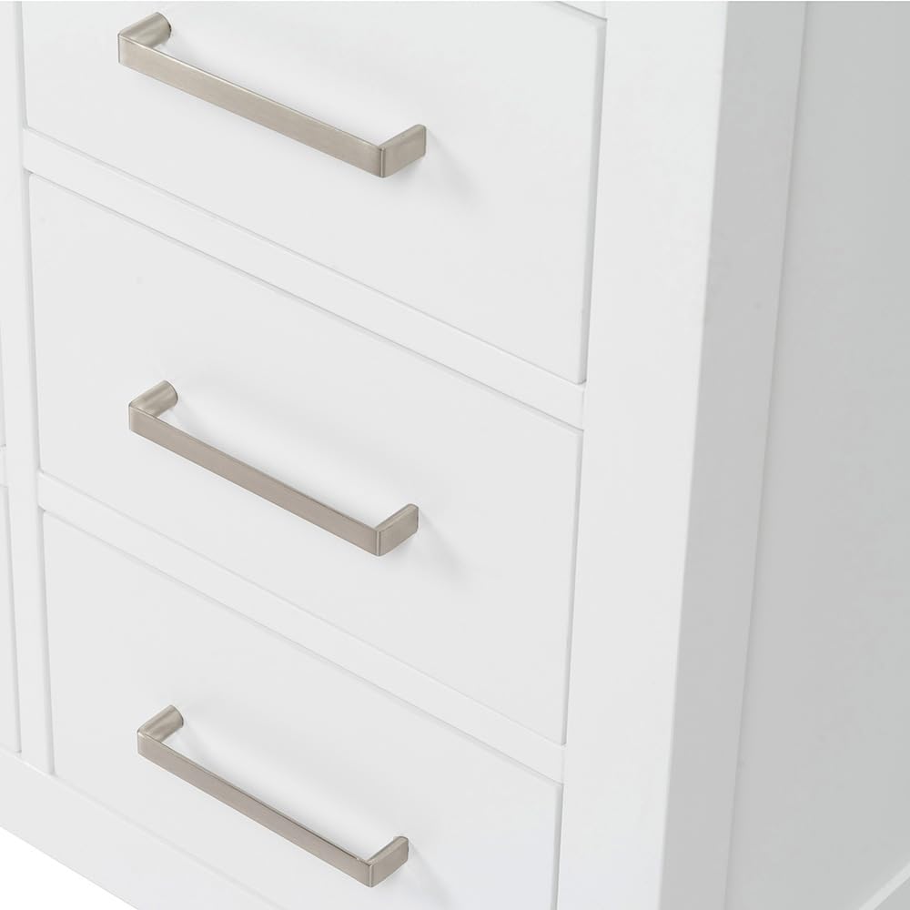 ARIEL Cambridge 55" White Bathroom Vanity with Sink, 1.5" Edge Pure White Quartz Countertop & Backsplash, Center Rectangular Sink, 2 Soft Closing Doors, 9 Full Extension Dovetail Drawers