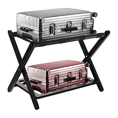 MYOYAY Folding Luggage Rack Bamboo Wood Collapsible Suitcase Stand with Shelf Portable Luggage Holder Ideal for Guest Room Bedroom Hotel, Black