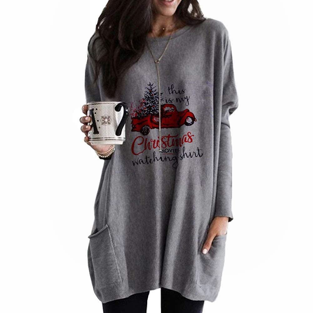 GLIGLITTR Women Dress Shirt Christmas Long Sleeve Tunic Top Christmas Movie Watching Shirt Xmas Tree Oversized T-Shirt Blouse(Grey, Large)