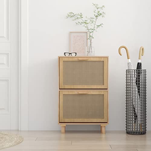 Tidyard Shoe Rack with Pull-Down Storage Drawers, Engineered Wood and Natural Rattan Shoe Cabinet for Bedroom Entryway Hallway Home Furniture