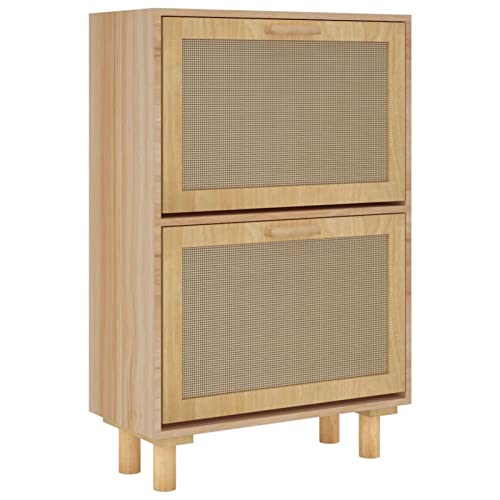 Tidyard Shoe Rack with Pull-Down Storage Drawers, Engineered Wood and Natural Rattan Shoe Cabinet for Bedroom Entryway Hallway Home Furniture