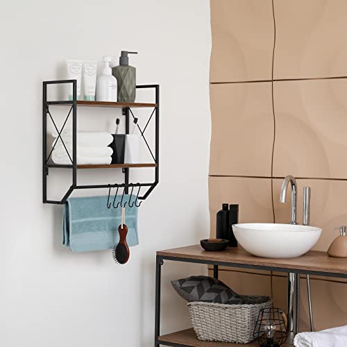 Bathroom Towel Rack 2 Tier Wall Shelf with Towel Bar, Rustic Towel Rack with Shelf for Wall Storage Shelves with Hooks Over Toilet Shelf Wall Mounted Towel Holder Shelf Floating Shelves for Home Brown