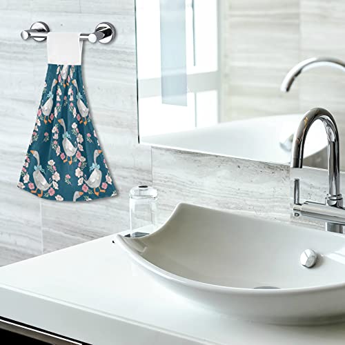 xigua 2 pcs Hanging Kitchen Towel Cute Goose and Flowers Hand Towel Absorbent Hanging Tie Towels for Bathroom Laundry Room Kitchen 12 x 17 Inches