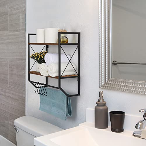 Bathroom Towel Rack 2 Tier Wall Shelf with Towel Bar, Rustic Towel Rack with Shelf for Wall Storage Shelves with Hooks Over Toilet Shelf Wall Mounted Towel Holder Shelf Floating Shelves for Home Brown