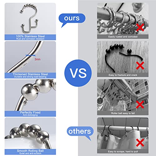 Shower Curtain Rings, SUTINE Double Shower Curtain Hooks, Rust-Resistant Metal Shower Curtain Rings, Free Sliding Stainless Steel Shower Hooks for Shower Curtains & Liners, 12pcs-Nickel
