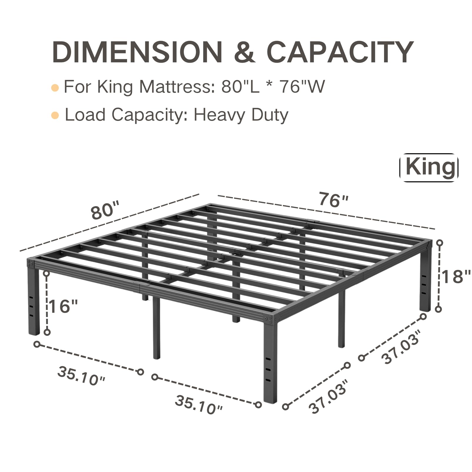 COMASACH 18 Inch Tall Metal Platform King Size Bed Frames with Maximum Storage, Anti-Slip Strengthen Support Mattress Foundation, Noise Free