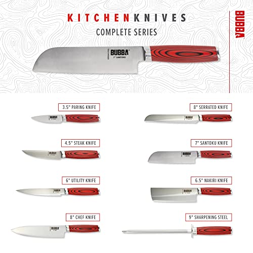 BUBBA Kitchen Series 7" Santoku Knife, an all-purpose kitchen knife for produce, veggies, fish or meat with a premium German Steel Blade for all your kitchen needs