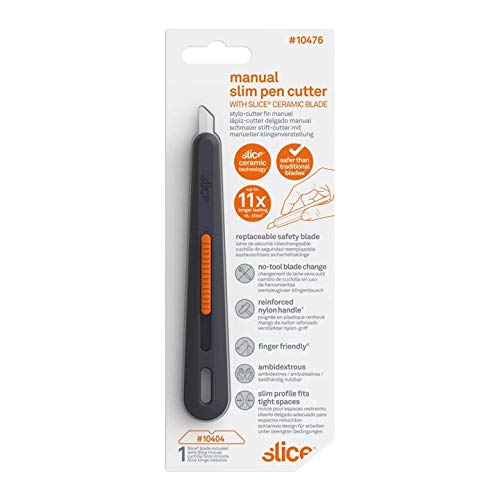 Slice 10476-CS Manual Slim Pen Cutter, Tighter Control, Finger Friendly Ceramic Blade, Side Slider Button for Thumb Blade Control, Lasts up to 11x Long as Stainles Metal, 12 Pack