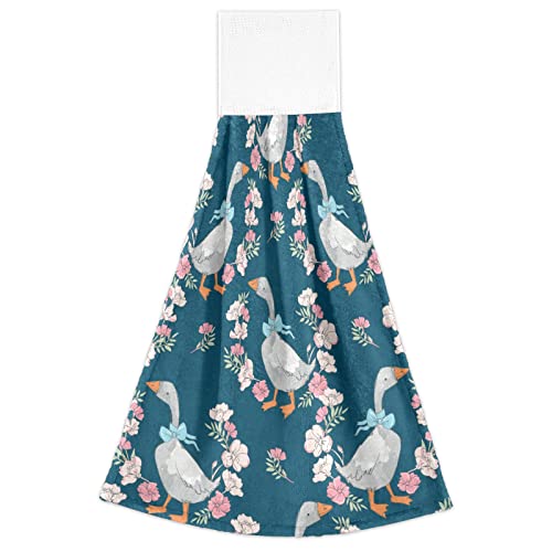 xigua 2 pcs Hanging Kitchen Towel Cute Goose and Flowers Hand Towel Absorbent Hanging Tie Towels for Bathroom Laundry Room Kitchen 12 x 17 Inches