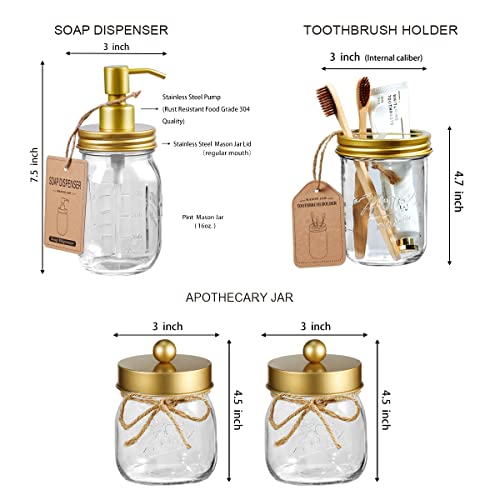 Premium Mason Jar Bathroom Accessories Set (6PCS) - Lotion Soap Dispenser,Toothbrush Holder,2 Apothecary Jars, Soap Dish Tray,Storage Organizer Basket Bin - Rustic Farmhouse Home Decor (Gold)
