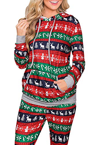 VNVNE Christmas Pajamas for Womens, Casual 2 Piece Pajama Set Print Long Sleeve Top & Pants Sleepwear Pjs Sets (Green Stripe, XL)