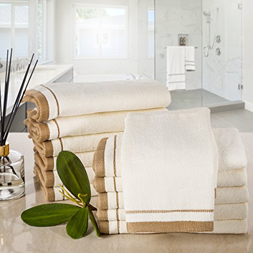 Creative Scents 100% Cotton Velour Fingertip Towel Set (12 Pack) Super Soft 11β x 18β Small Hand Towels, Extra-Absorbent Finger Tip Towels for Bathroom & Guests (Cream with Gold Brown Trim)