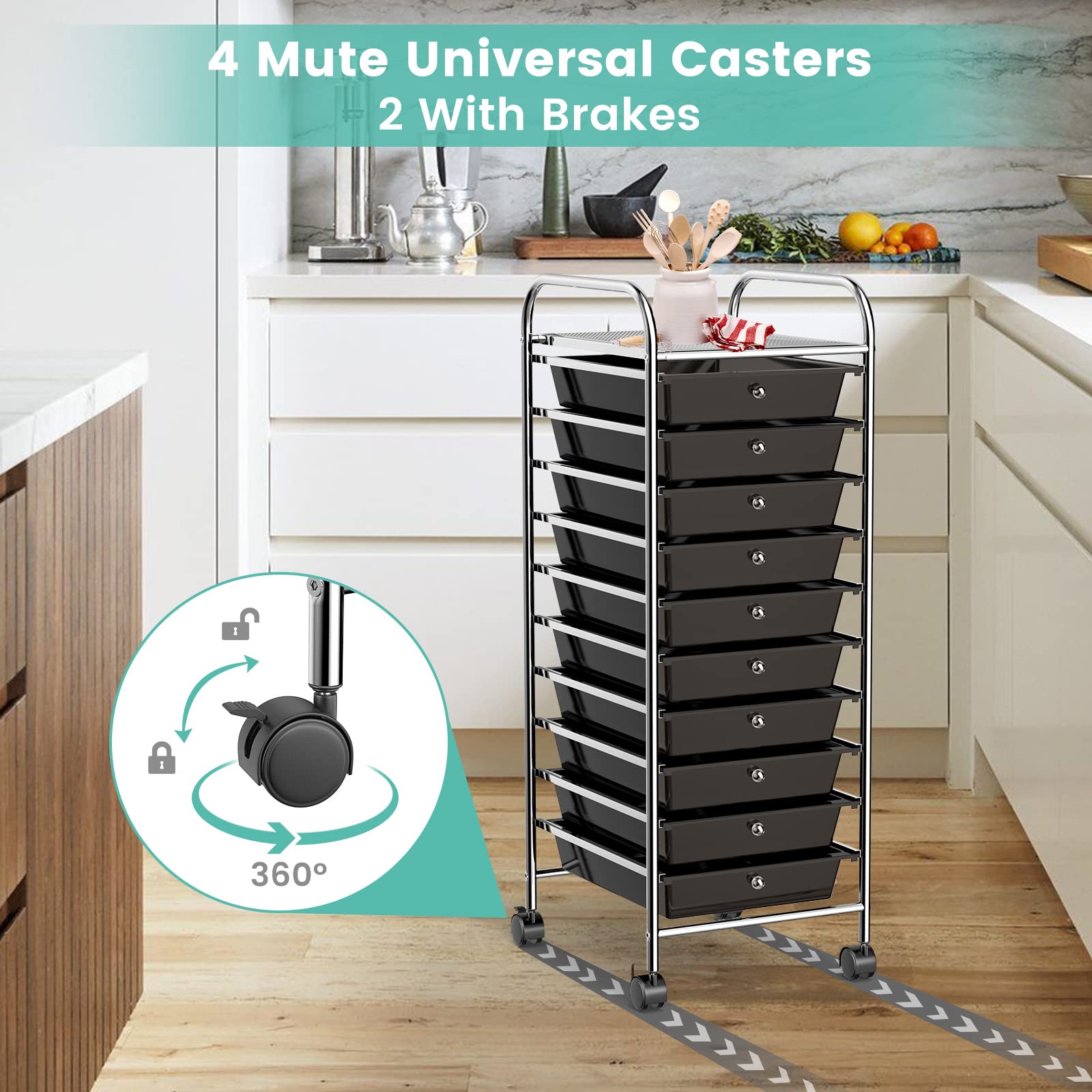 Byroce 10 Tier Drawer Rolling Storage Cart, Tools Scrapbook Paper Organizer Trolley with 360° Rotating Wheels and PP Drawers, Sturdy Metal Frame, Unity Storage Cart for Home, School, Office (Black)