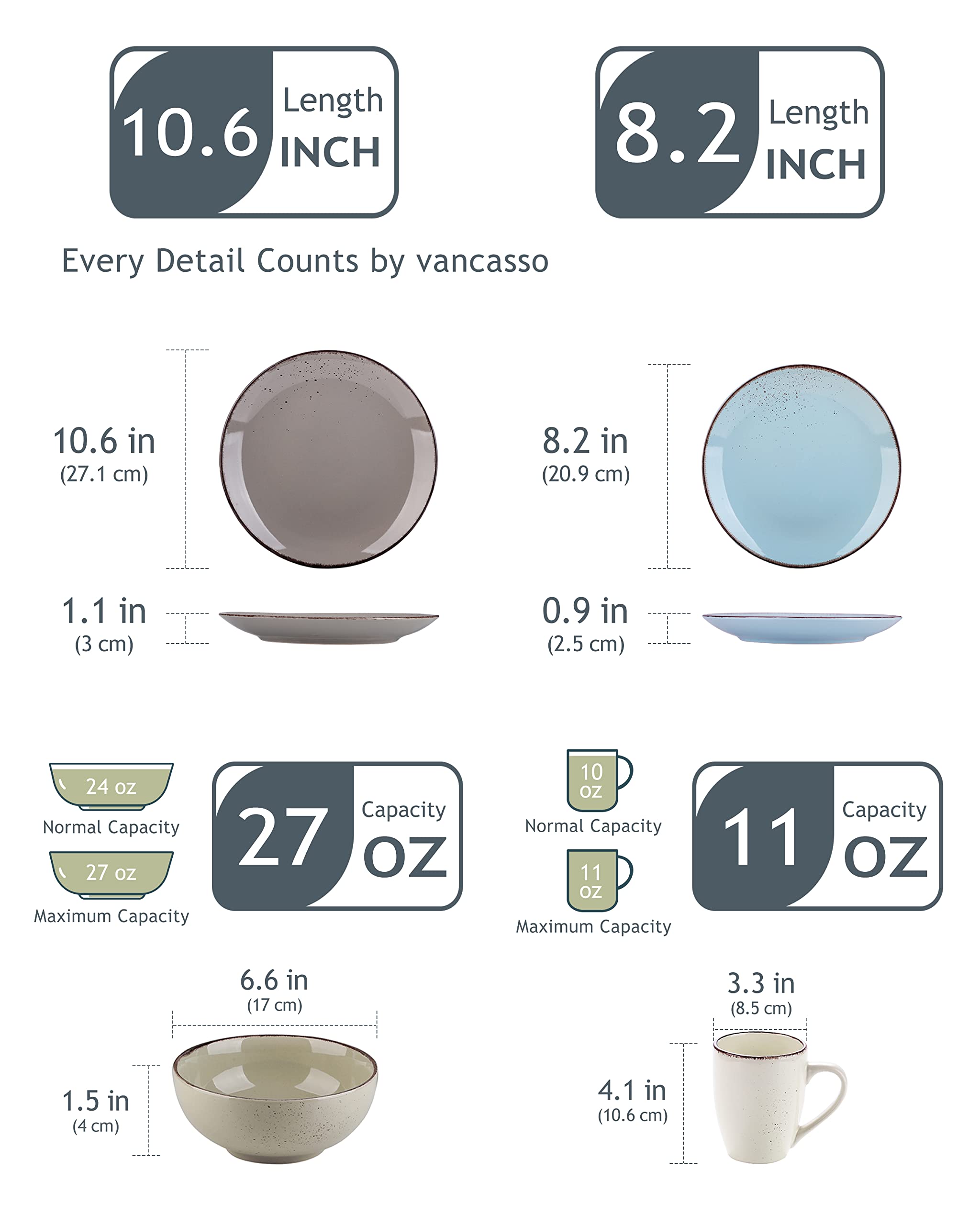 vancasso Navia Ceramic Dinnerware Set, 48 pieces Stoneware Spray Spot Patterned Service Dish with Dinner Plates, Salad Plates, Bowls, Mugs - Multi