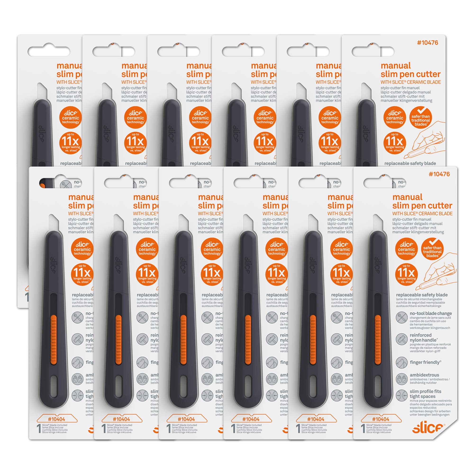 Slice 10476-CS Manual Slim Pen Cutter, Tighter Control, Finger Friendly Ceramic Blade, Side Slider Button for Thumb Blade Control, Lasts up to 11x Long as Stainles Metal, 12 Pack