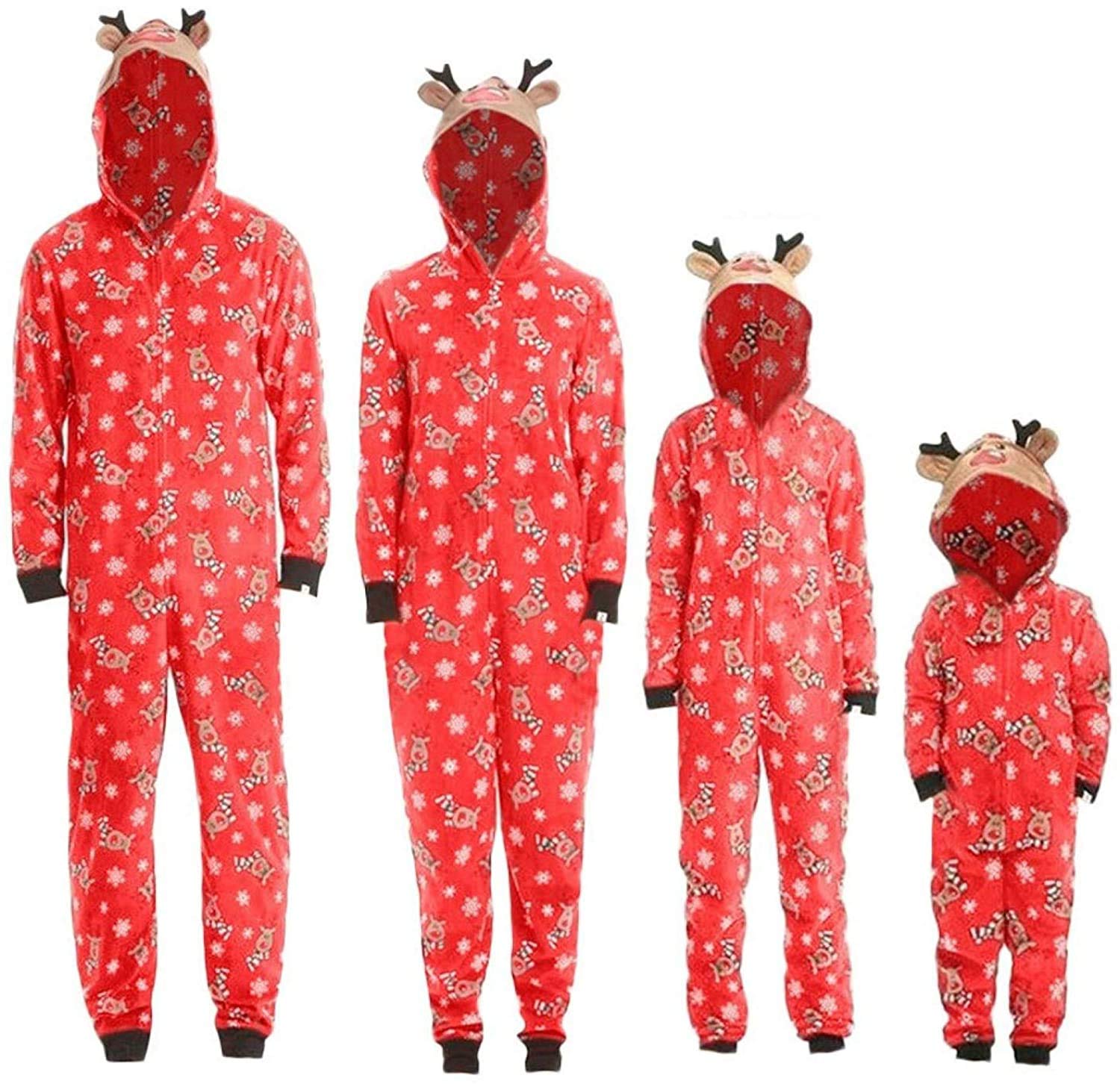 Matching Family Christmas Pajamas Sets Elk Antler Hooded Romper PJ's Zipper Jumpsuit Loungewear(Men,S)