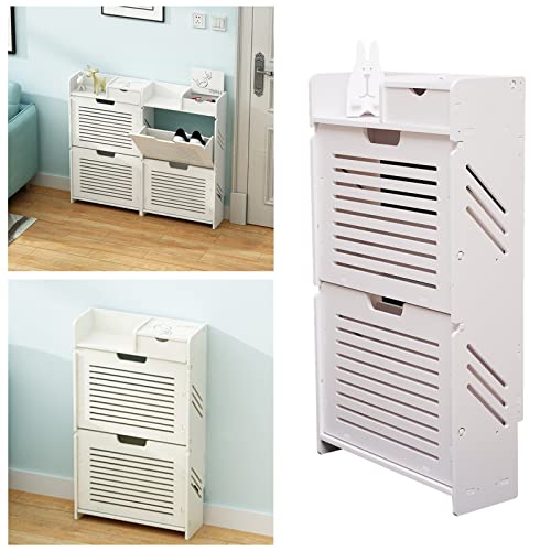 DYRABREST 2 Tier Modern Shoe Cabinet, White Tipping Shoe Rack Storage Organizer with 2 Drawer Shoe Cabinet,2 Pairs Per Level Entryway Cabinet Stand for Boots Regular Heels, Sneakers, Slippers