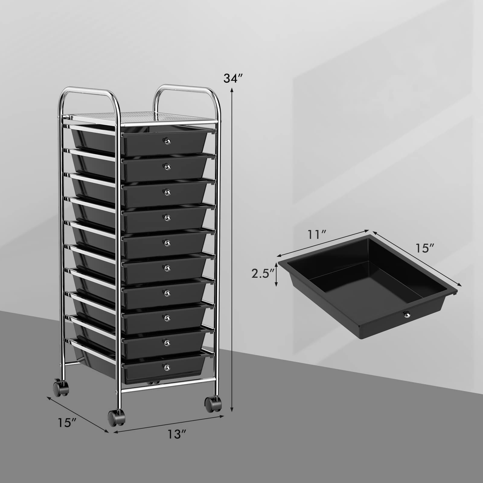 Byroce 10 Tier Drawer Rolling Storage Cart, Tools Scrapbook Paper Organizer Trolley with 360° Rotating Wheels and PP Drawers, Sturdy Metal Frame, Unity Storage Cart for Home, School, Office (Black)