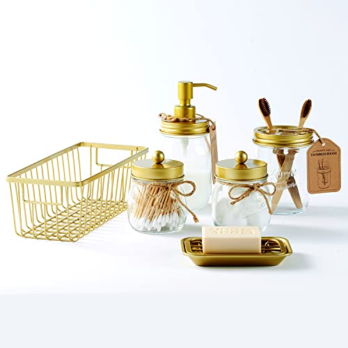 Premium Mason Jar Bathroom Accessories Set (6PCS) - Lotion Soap Dispenser,Toothbrush Holder,2 Apothecary Jars, Soap Dish Tray,Storage Organizer Basket Bin - Rustic Farmhouse Home Decor (Gold)