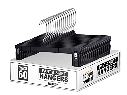 Hanger Central Heavy Duty Pant Hangers with Pinch Clips - 60 Pack, 360-Degree Rotating Chrome Swivel Hook, Space Saving, Durable, 10 Inches Long, Black