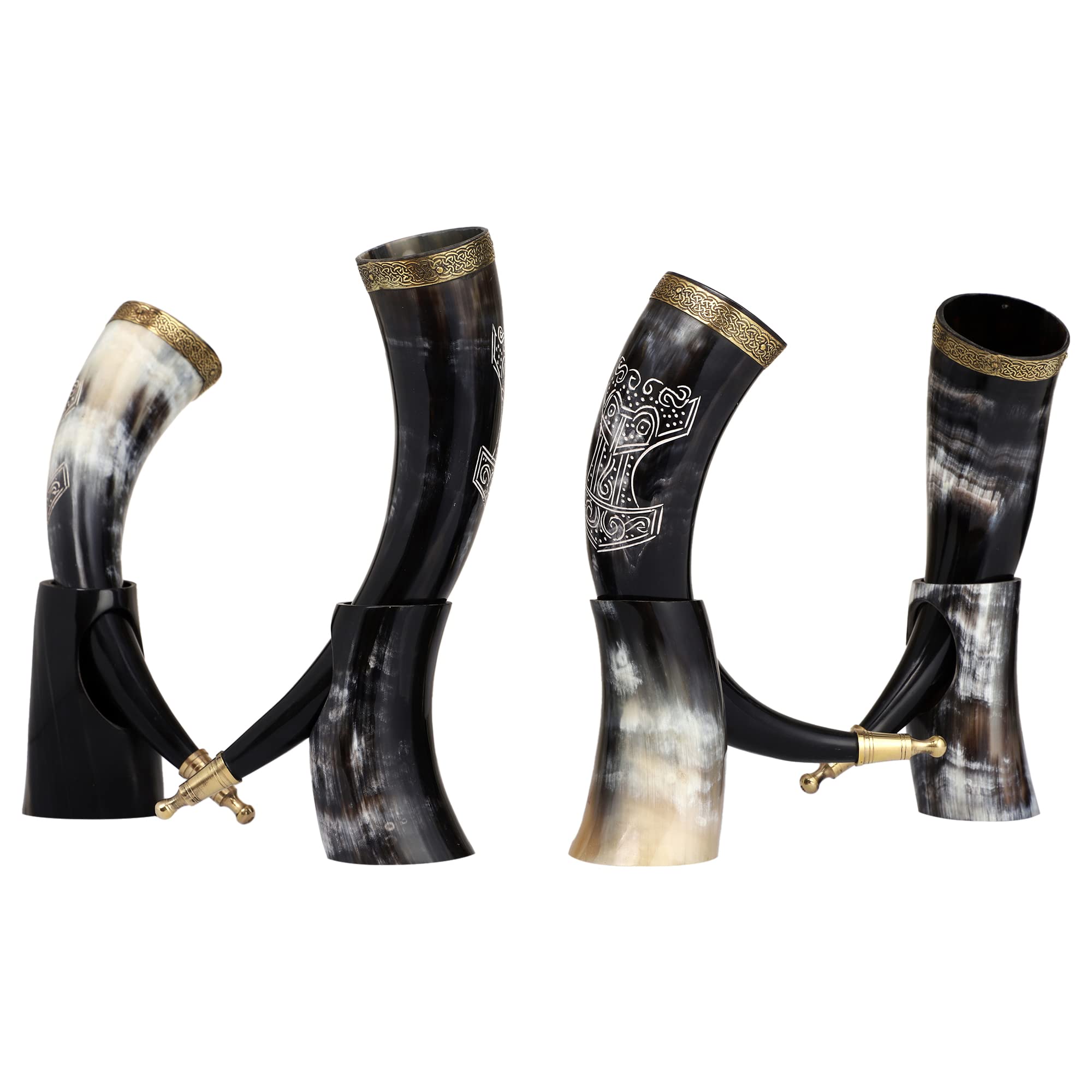 Bhartiya Handicrafts Viking Drinking Horn with Stand - Unique Genuine Ox Horn - Handmade Horn- Mjolnir Carved Horn - Thor Horn 4 pieces