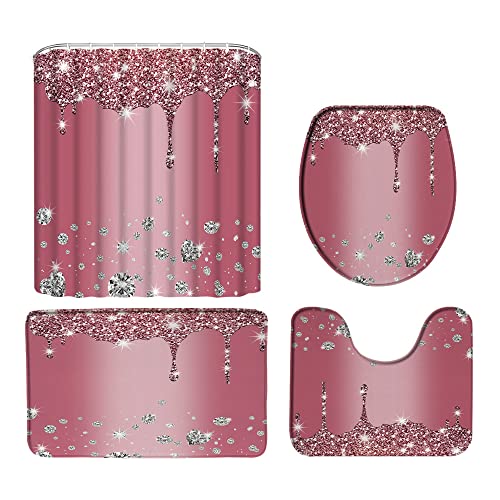 DSMEUE Glitter Diamond 4 Piece Shower Curtain Sets with Rugs,Pink Silver Shiny Drips Falling Bling Women Girl (No Glitter) 70" x 70" Bathroom Curtain and 17.8"x29.5" Bath Mat,Toilet Cover, U-Shaped